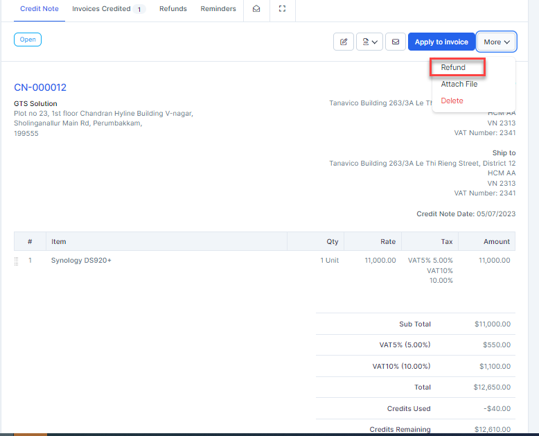 Credit Note Refund Mapping